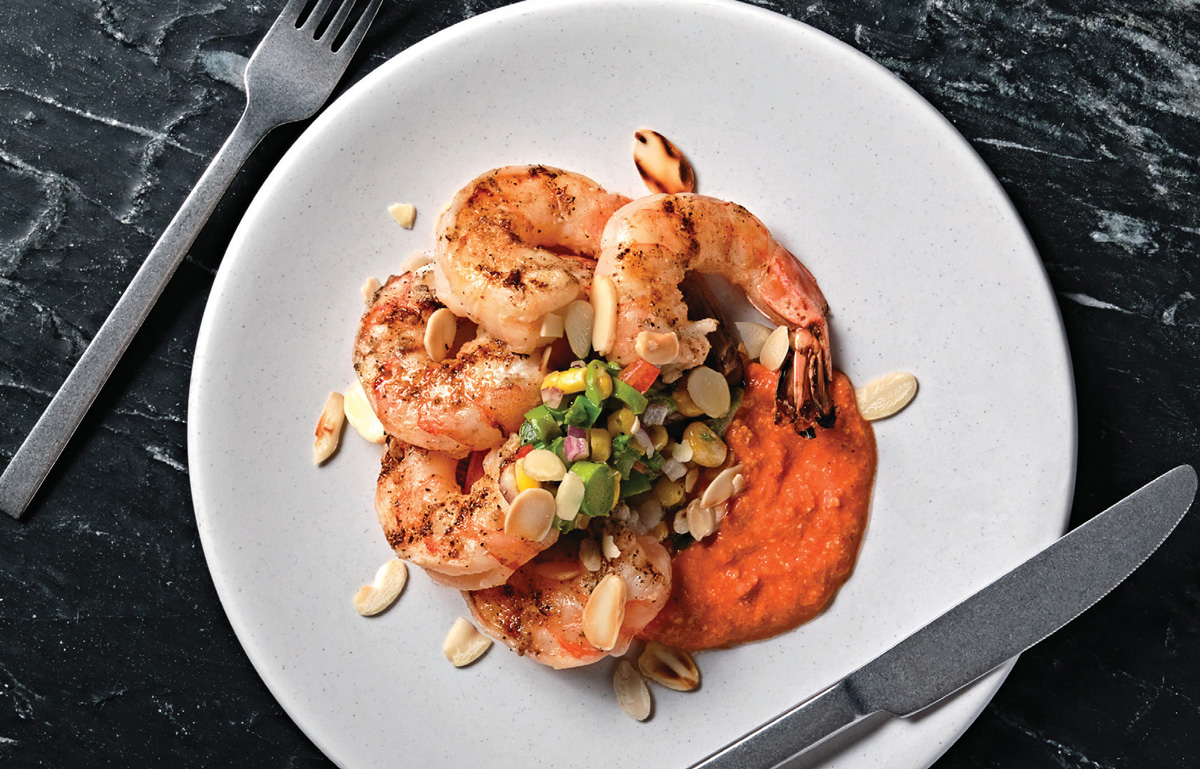 Grilled Shrimp with Corn and Asparagus Relish and Romesco Sauce